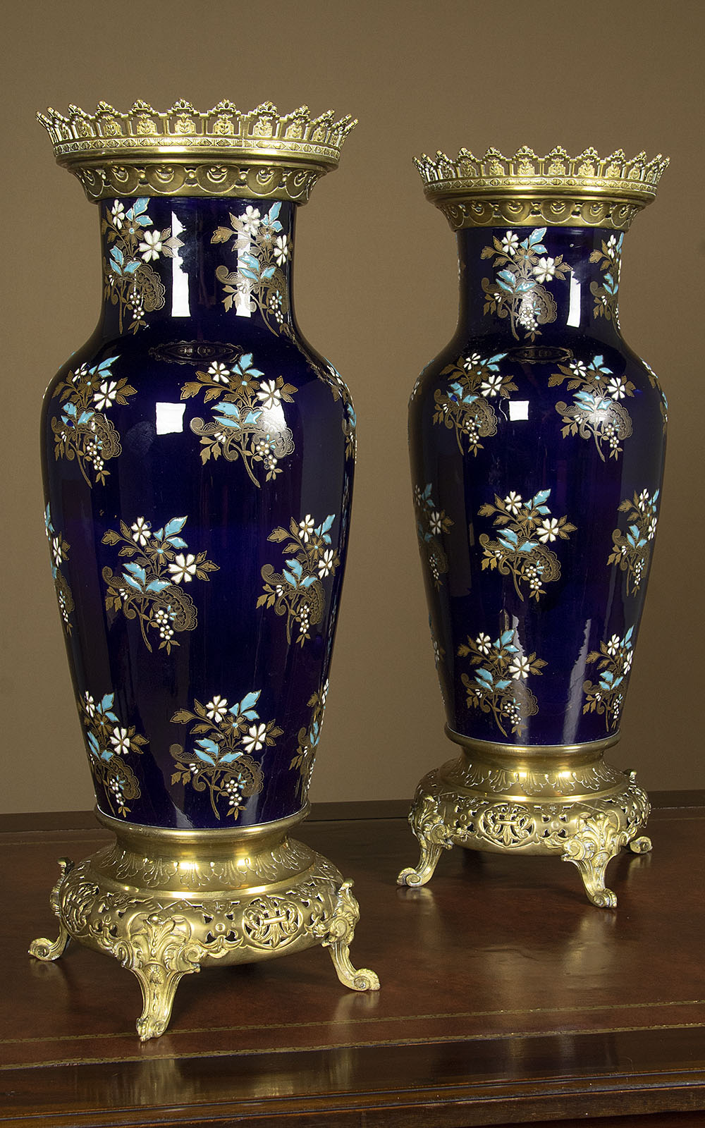 Pair of Large Brass Mounted Vases by Gien c.1900. - Collinge Antiques