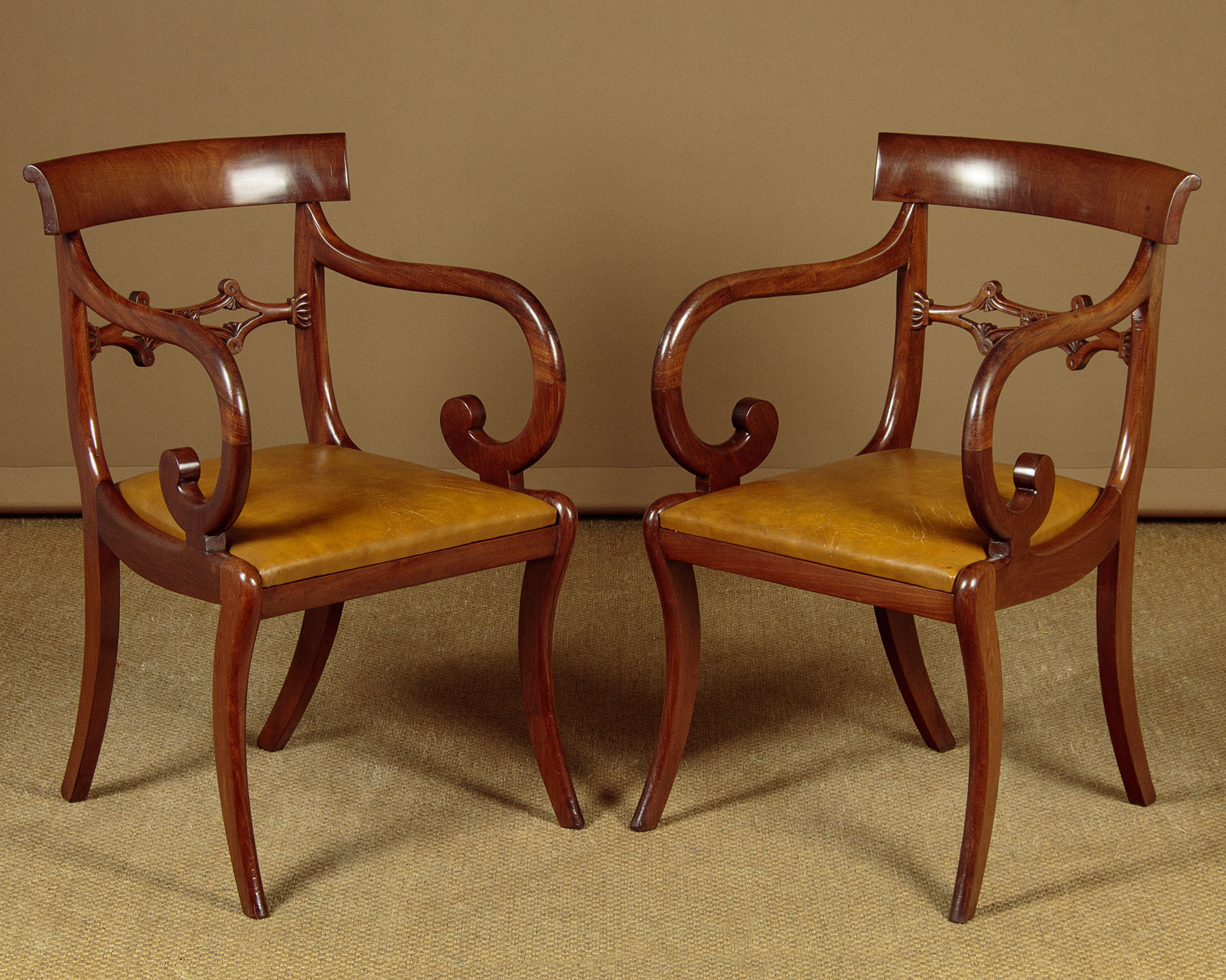 Pair of Regency Scroll Arm Open Armchairs c.1830 - Collinge Antiques