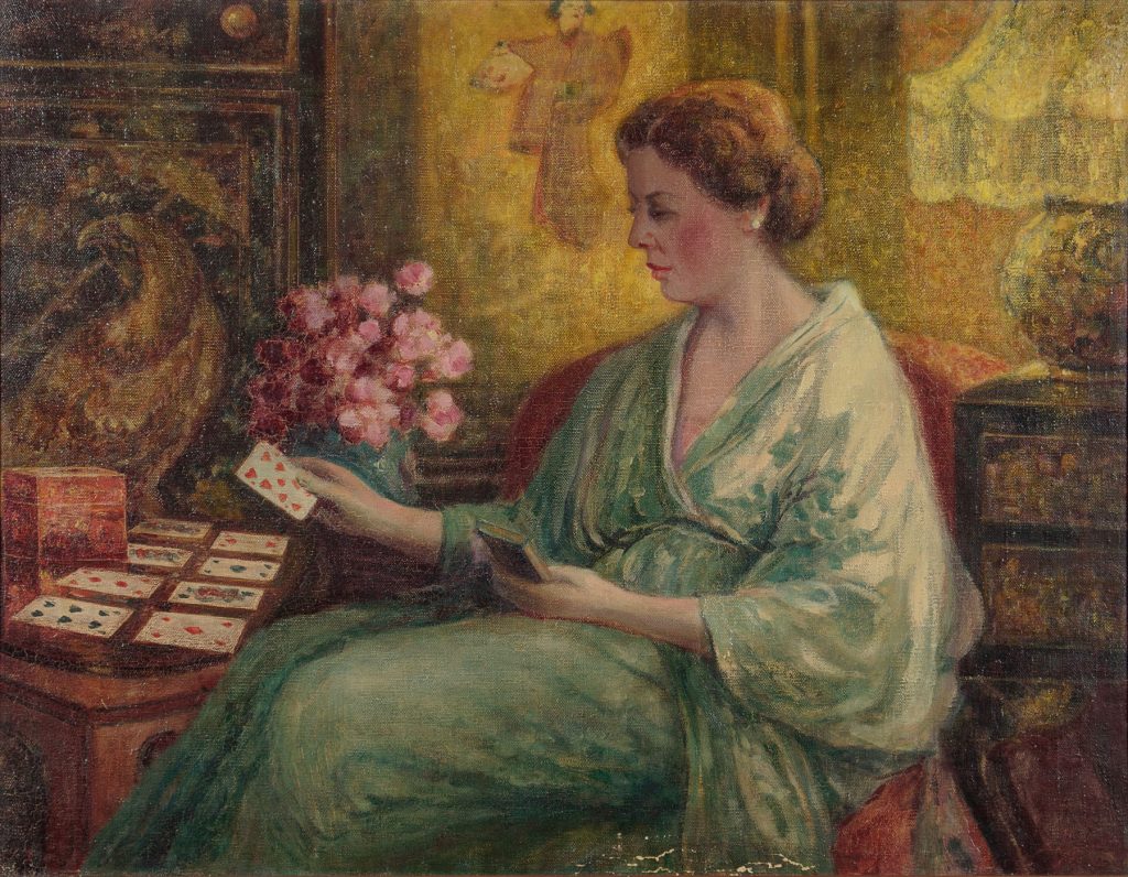 Oil Painting of a Woman Playing Solitaire c.1950 - Collinge Antiques