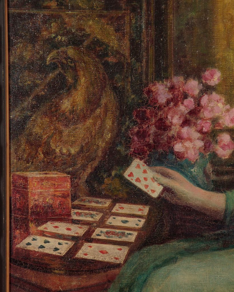 Oil Painting of a Woman Playing Solitaire c.1950 - Collinge Antiques