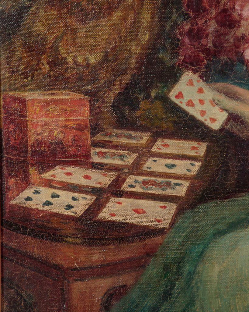 Oil Painting of a Woman Playing Solitaire c.1950 - Collinge Antiques