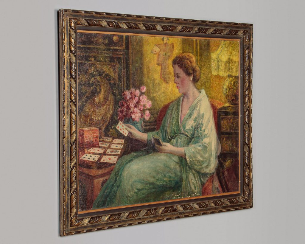 Oil Painting of a Woman Playing Solitaire c.1950 - Collinge Antiques