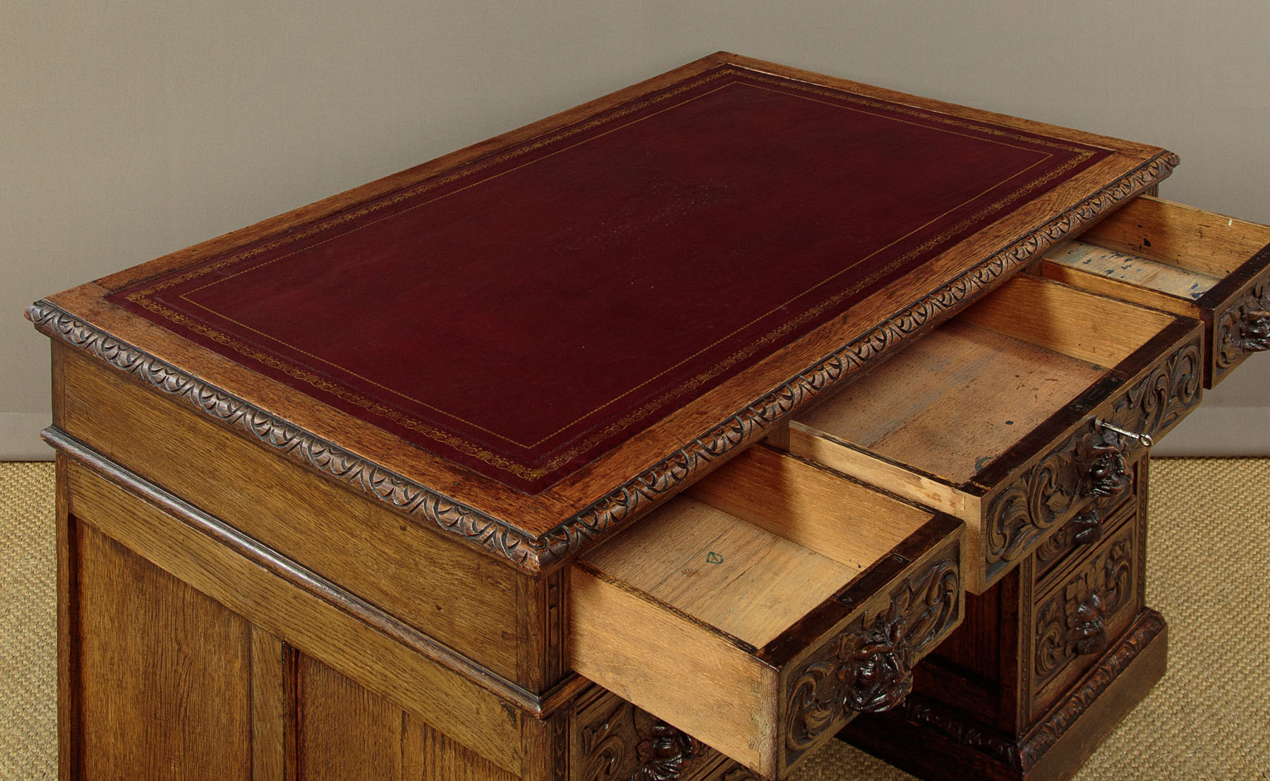 Carved Oak Pedestal Desk c.1890 - Collinge Antiques